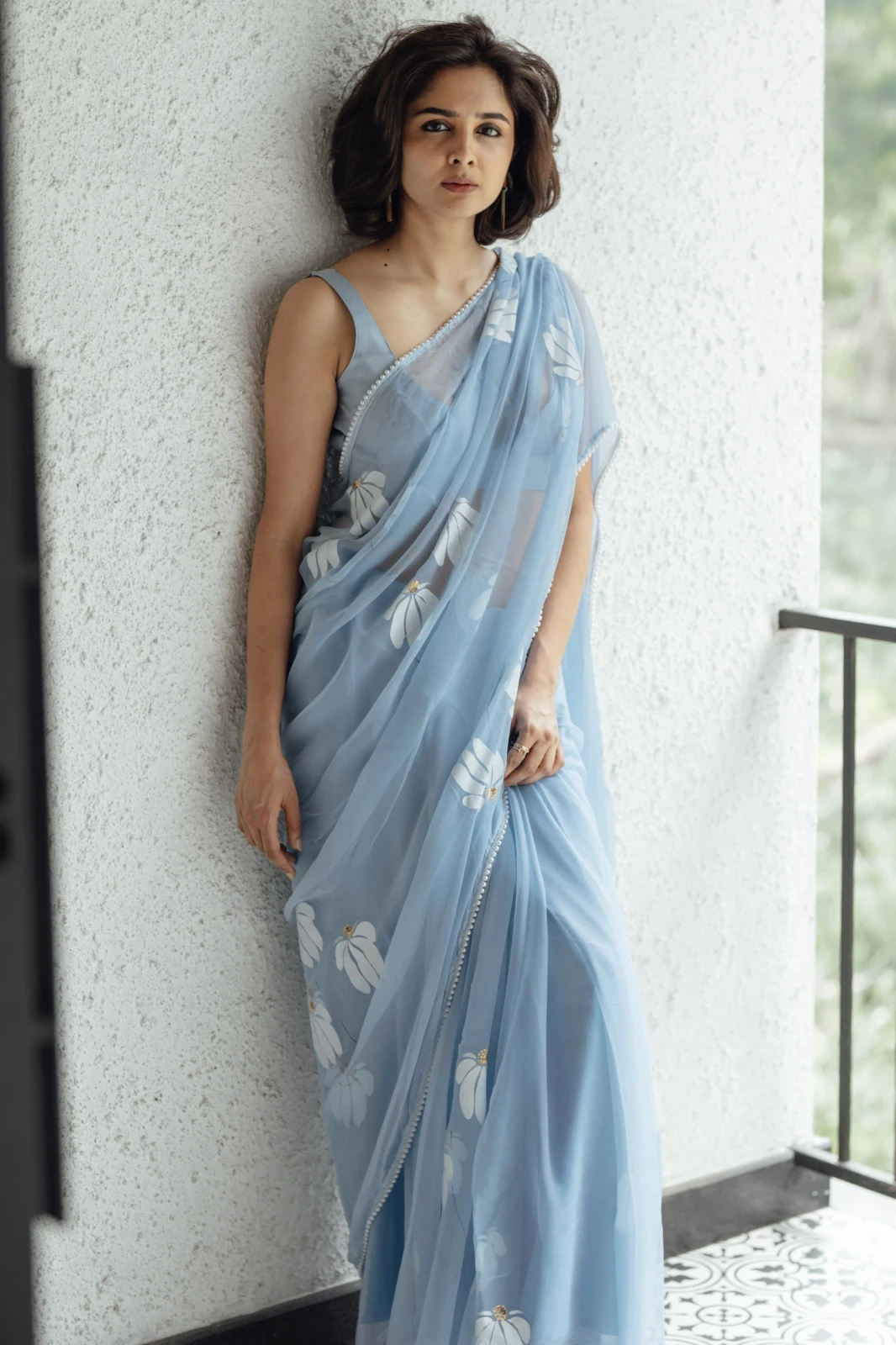 Buy Hand-Painted Half Daisies Sarees in Ash Blue for Women Online ...